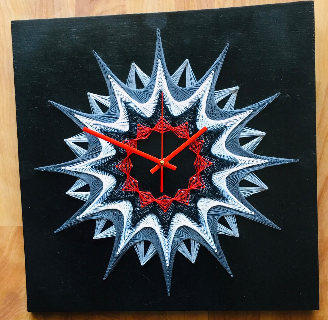 Homemade String Art Clock - Red, White, Black, and Gray - Etsy