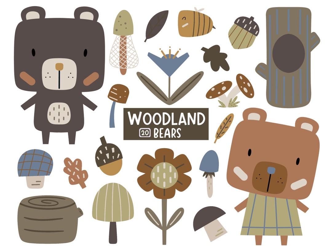 Woodland Animal Clipart, Cute Bear, Mushroom, Flowers, Digital Graphics ...