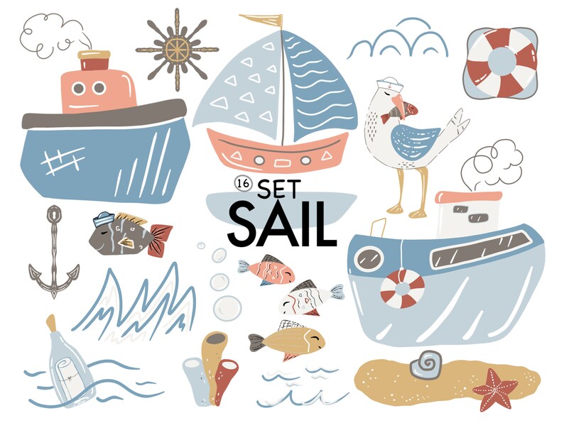 Nautical Clipart Set: Sailing Boats, Fish, Ocean Graphics (digital ...