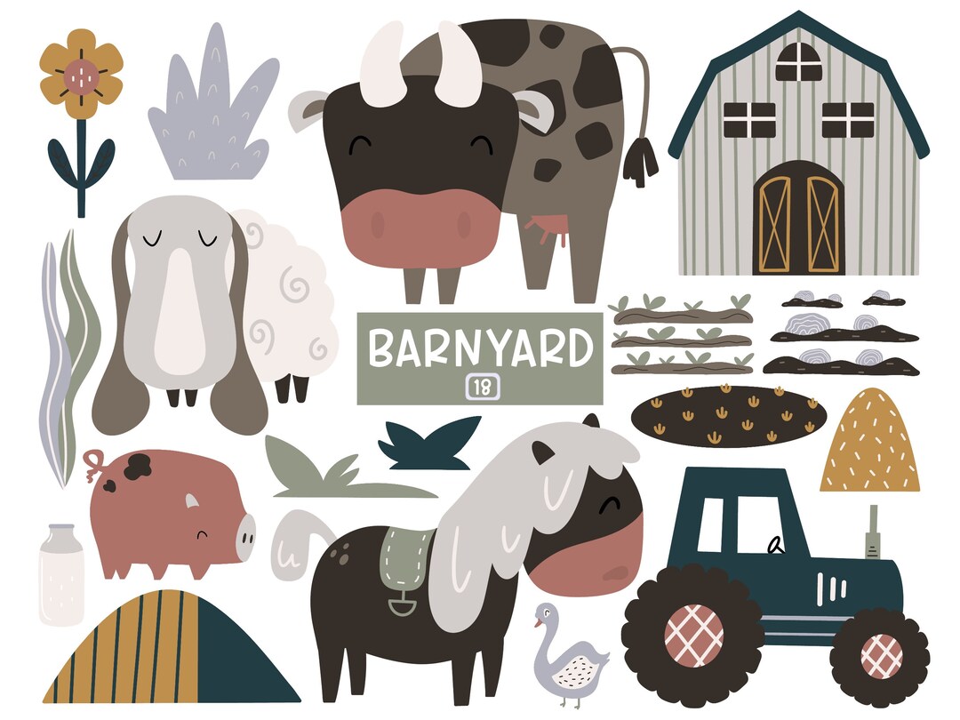 Farm Animal Clipart, Barn, Tractor, Digital Clipart Set, Digital ...