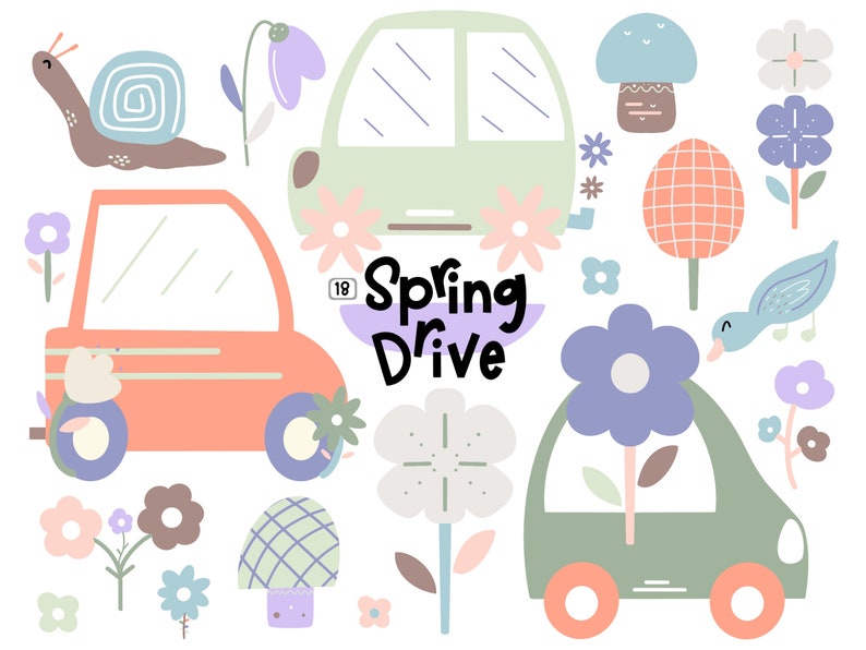 Car Clipart, Cute Spring Clipart, Flowers, Mushrooms, Digital Clipart ...