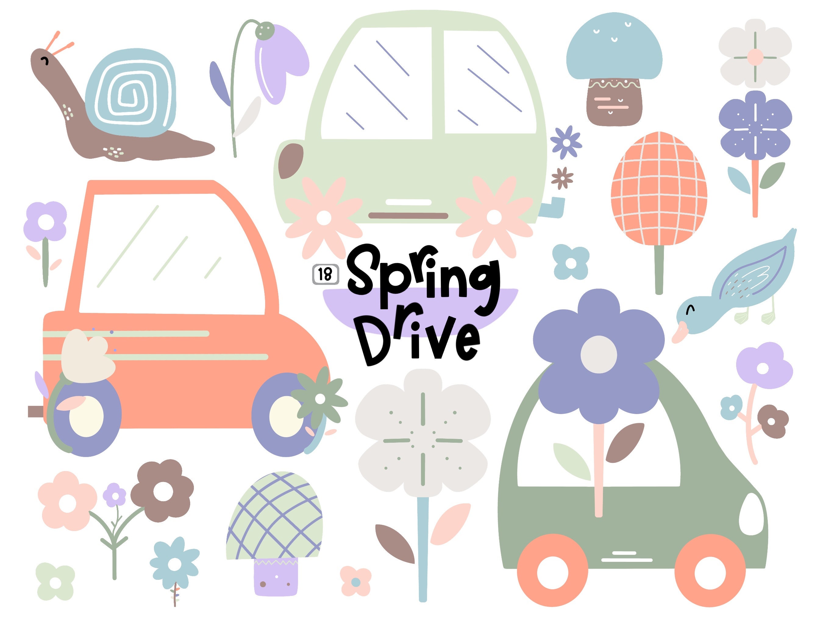 Car Clipart, Cute Spring Clipart, Flowers, Mushrooms, Digital Clipart ...