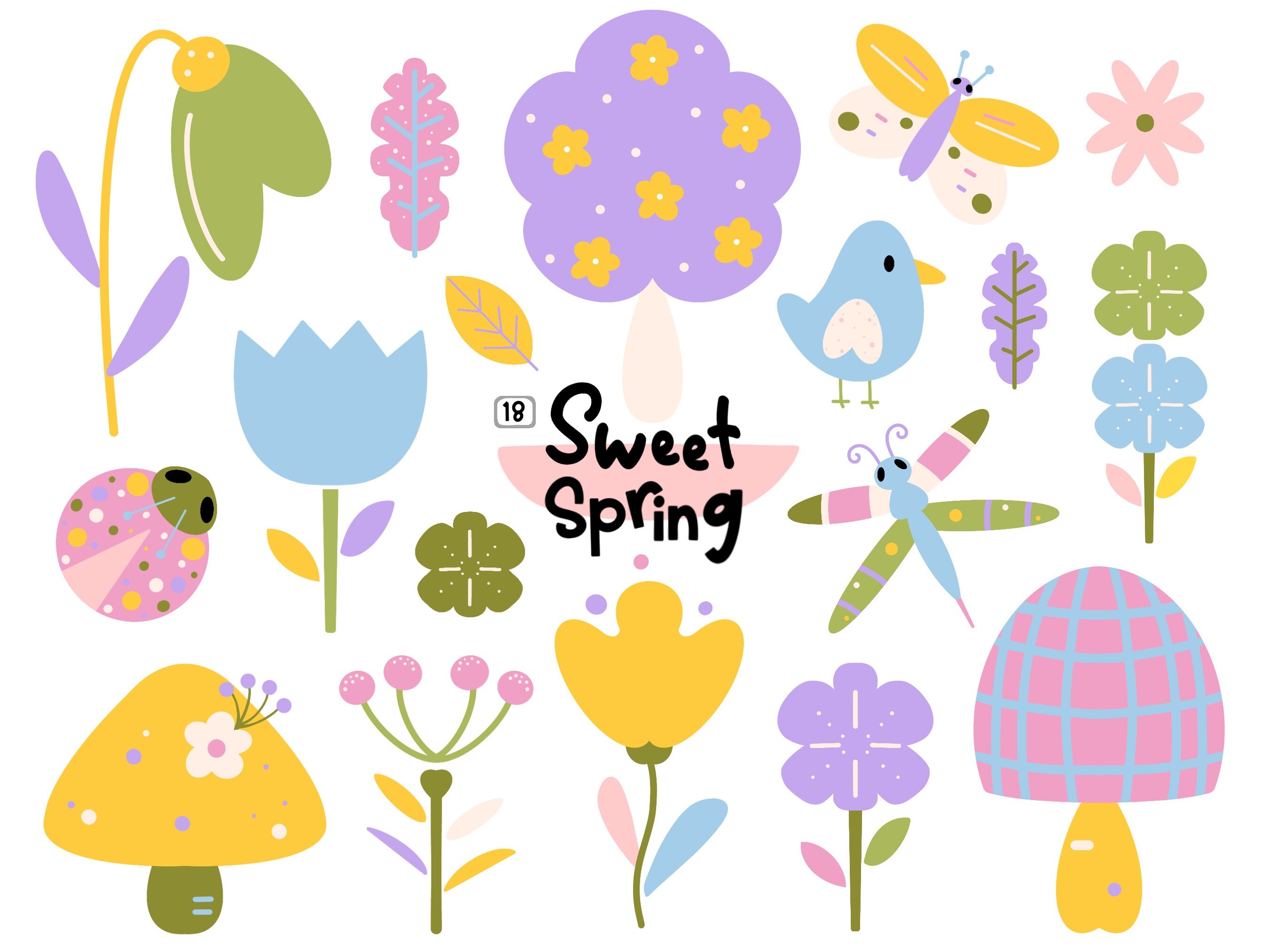 Spring Clipart, Spring Flowers, Cute Bugs, Mushrooms, Digital Clipart ...