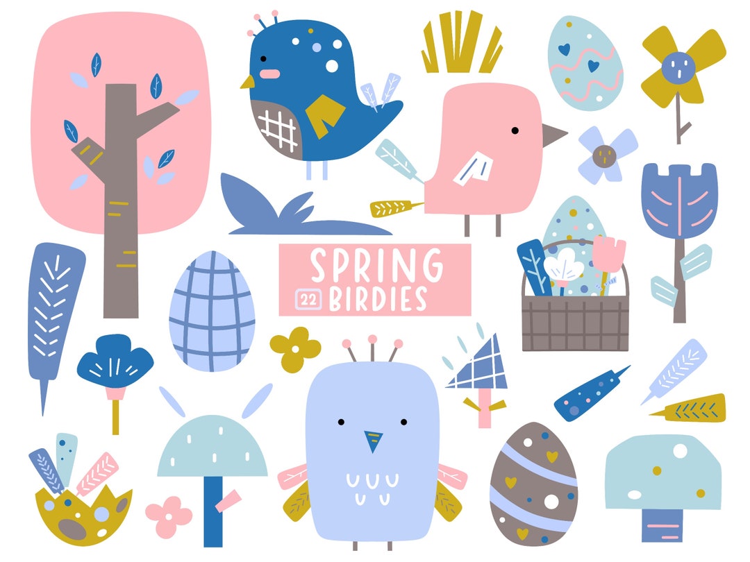 Spring Birdies Clipart Set: Flowers, Eggs, Feathers (digital Download ...