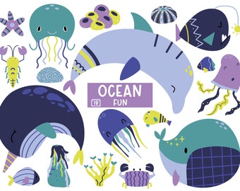 Narwhal Clipart, Cute Ocean Animals, Whale, Sea Life, Fish, Digital ...