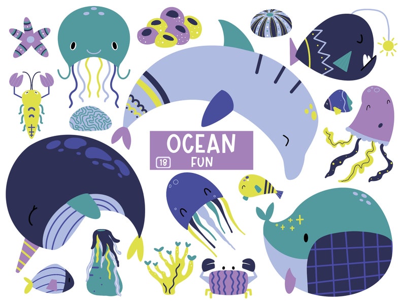 Ocean Clipart, Cute Sea Animals, Whale, Dolphin, Fish, Jellyfish ...