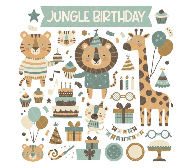 Jungle Birthday Party Animals Clipart PNG Bundle | Safari Animals ...