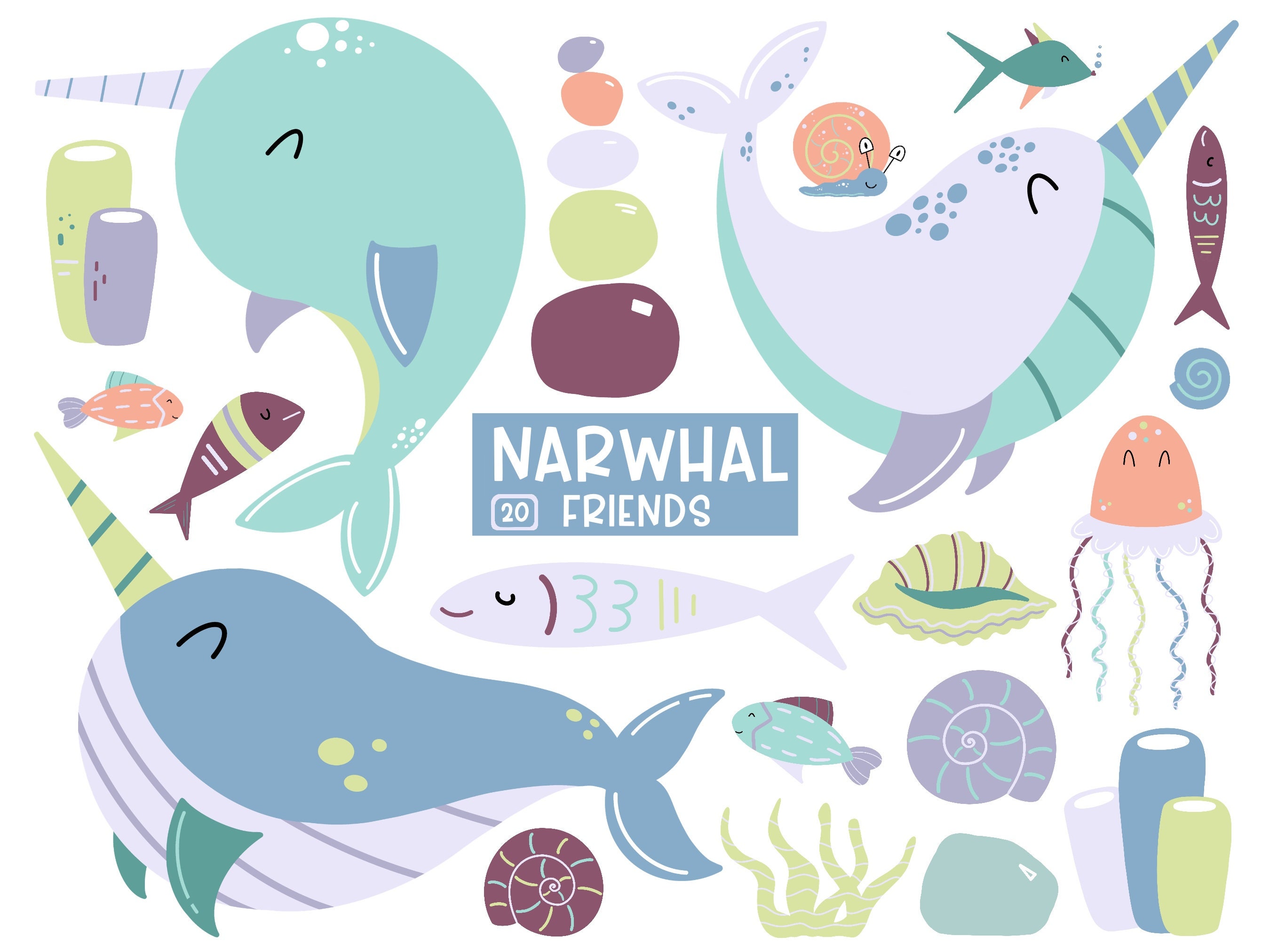 Narwhal Clipart, Cute Ocean Animals, Whale, Sea Life, Fish, Digital ...
