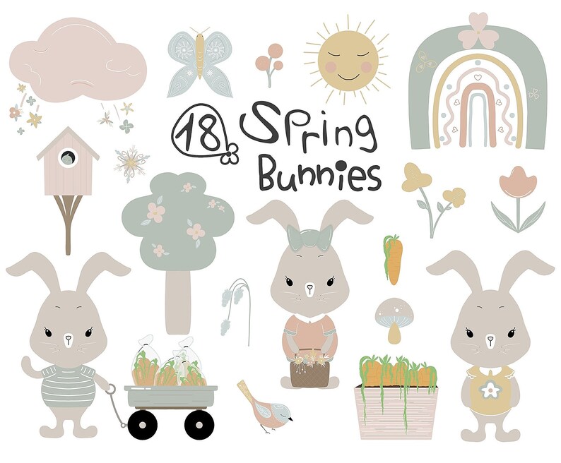 Bunny Clipart Spring Garden Clipart Digital Clipart Set - Etsy UK