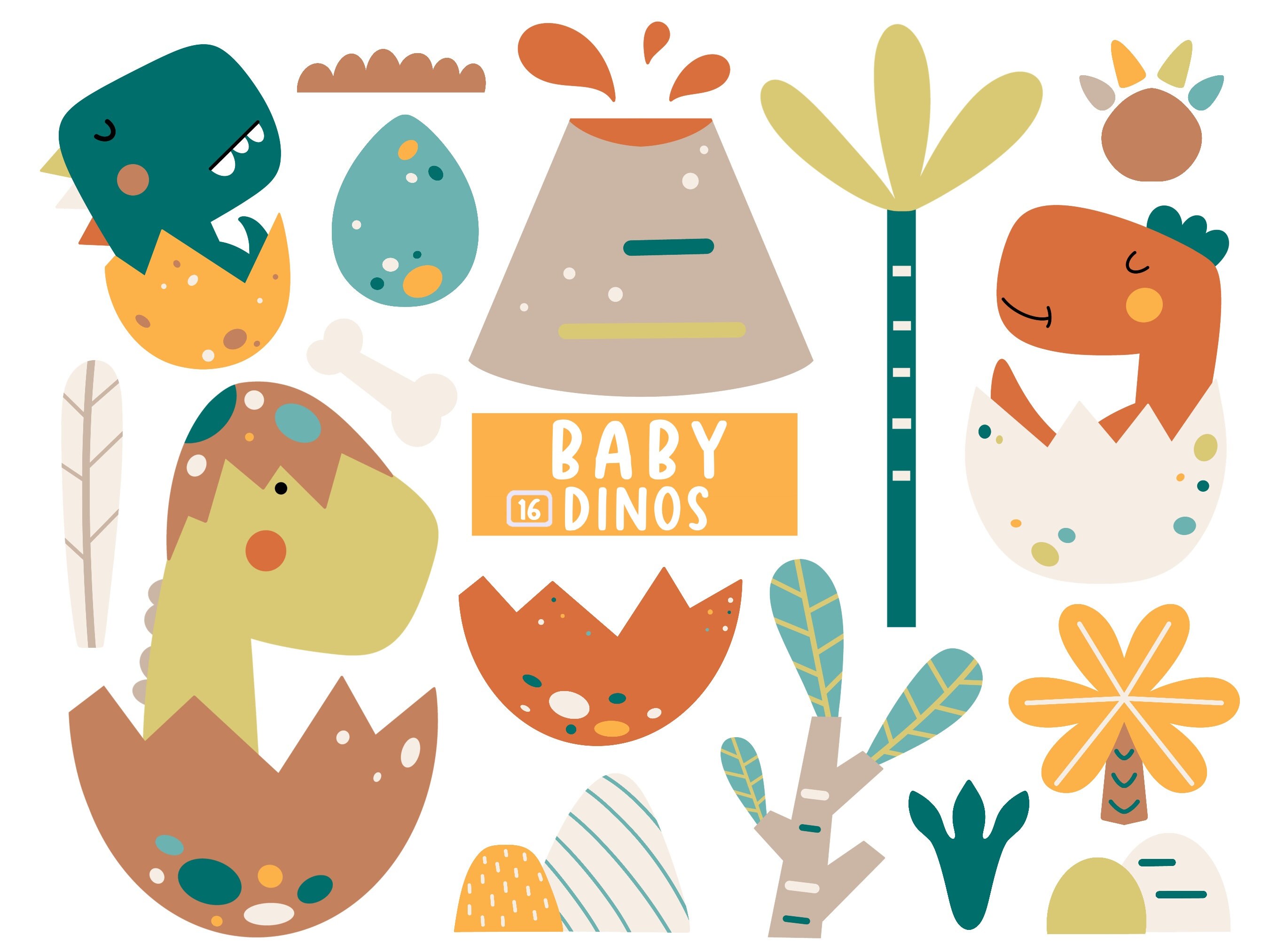 Dinosaur Clipart , Cute Baby Dinos, Eggs, Digital Graphics Set, Digital ...
