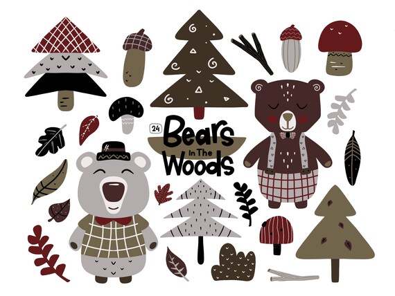 Woodland Bear Clipart Cute Forest Animals Digital Clipart - Etsy