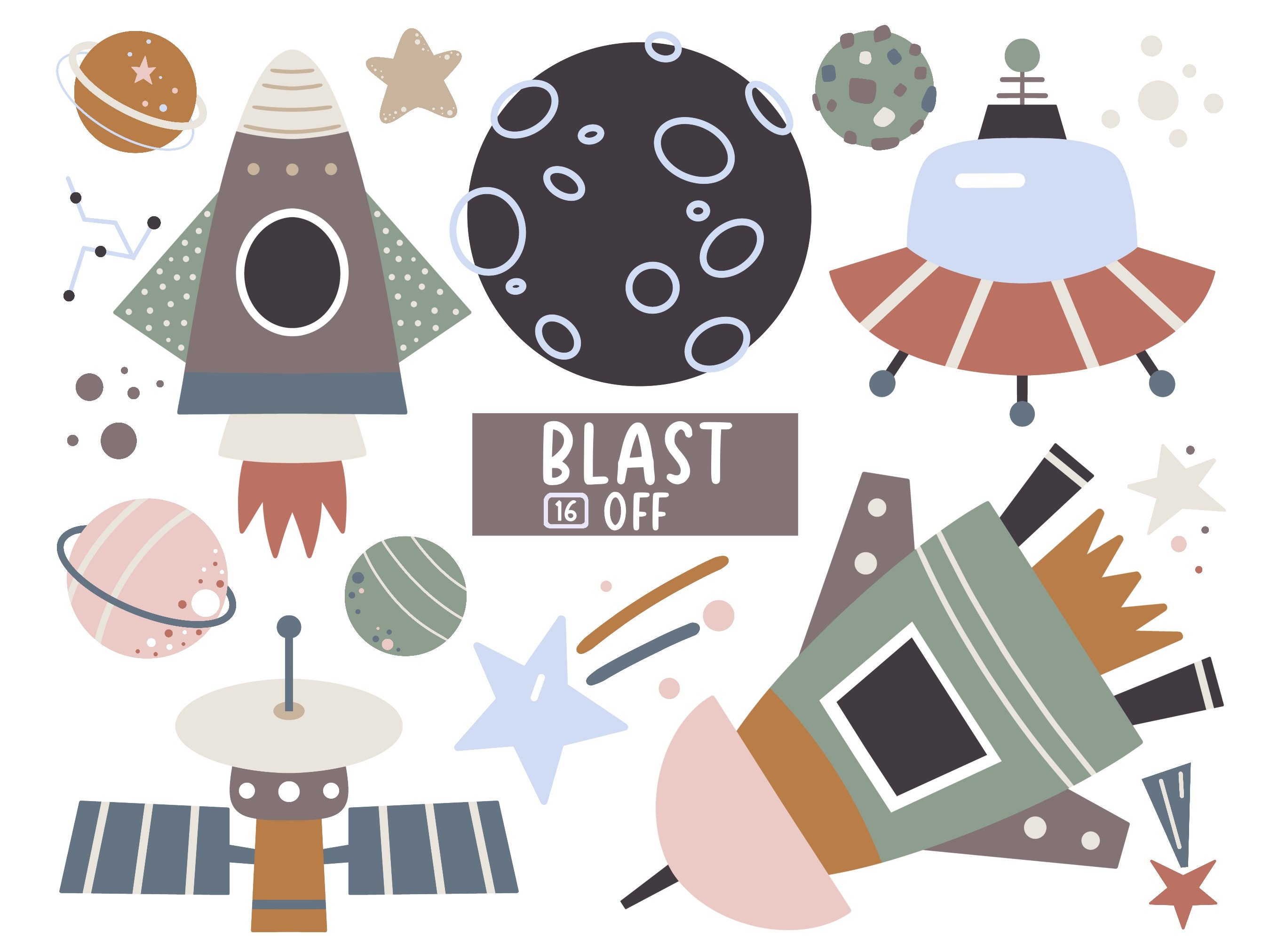 Outer Space, Space Rocket Clipart, Spacecraft, Moon, Planets, Digital ...