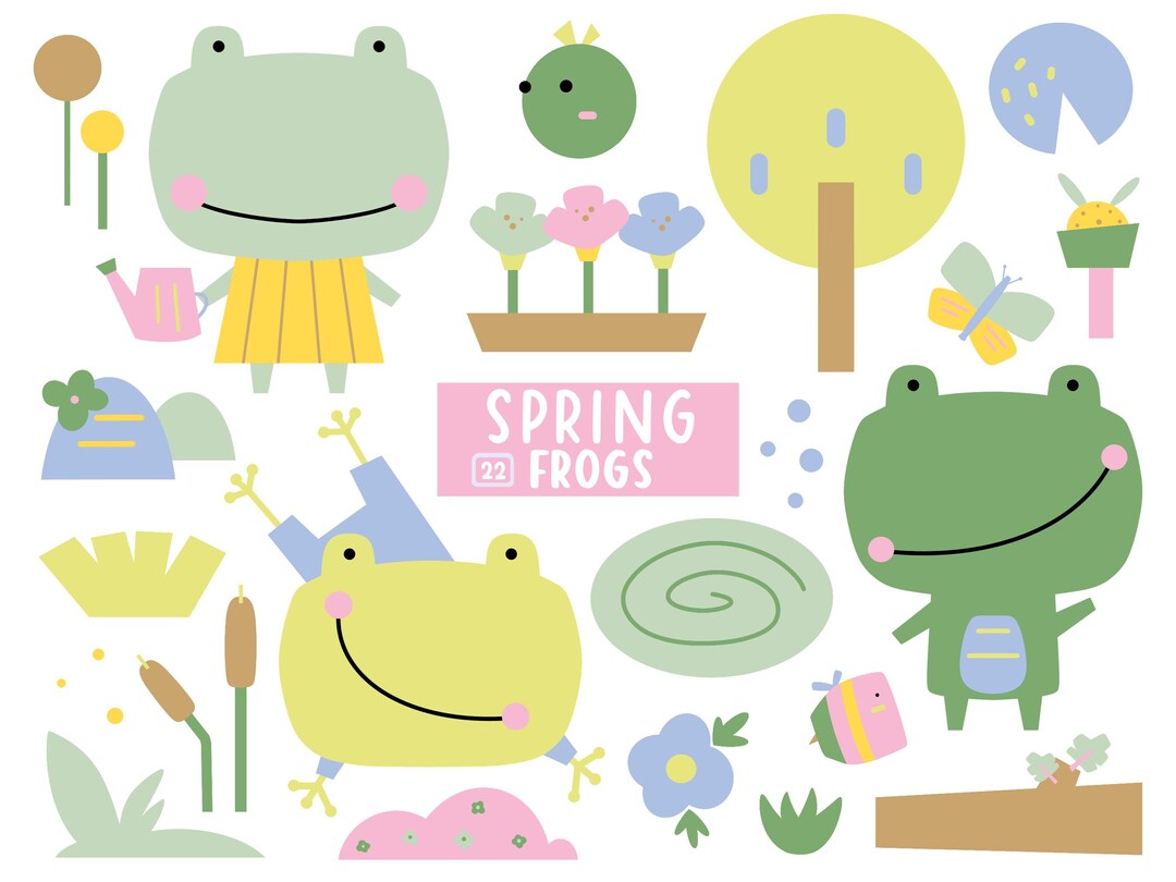 Spring Frogs, Cute Garden Clipart, Spring Flowers, Digital Clipart Set ...