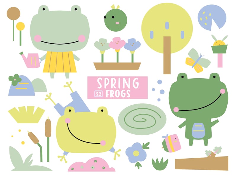 Spring Frogs, Cute Garden Clipart, Spring Flowers, Digital Clipart Set ...