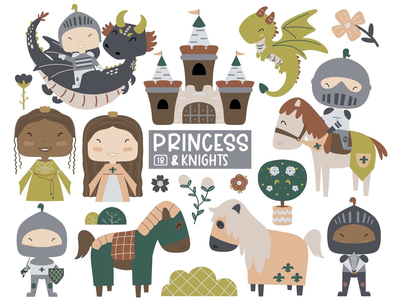 Princess, Knight, Castle, Dragon Clipart, Digital Graphics Set, Digital ...