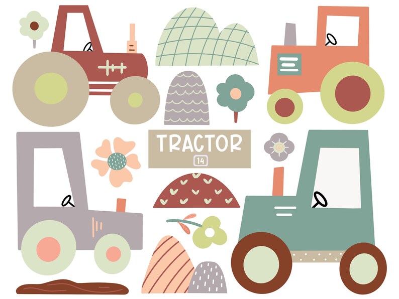 Cute Tractor Clipart Set, Farm Transport Illustrations (digital ...