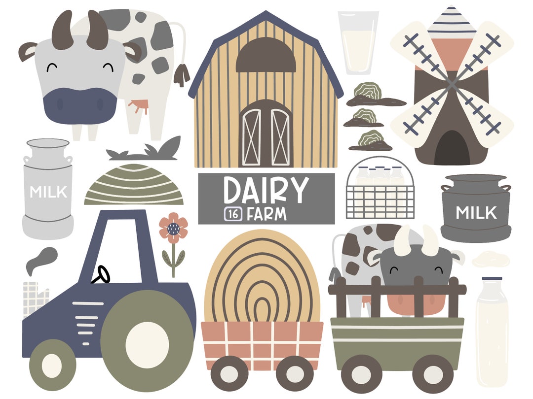 Farm Animal Clipart, Dairy Farm, Barn, Tractor, Digital Clipart Set ...