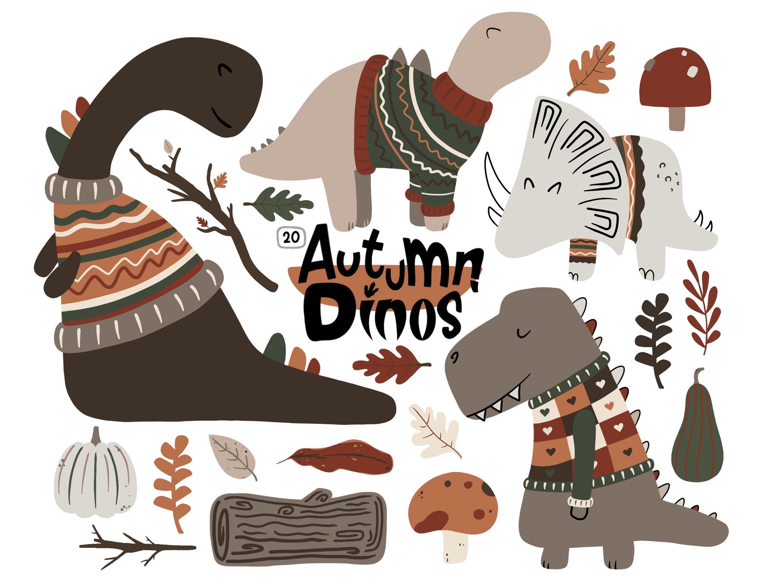 Autumn Dinosaur Clipart Set: Fall Dinos in Sweaters (digital Download ...
