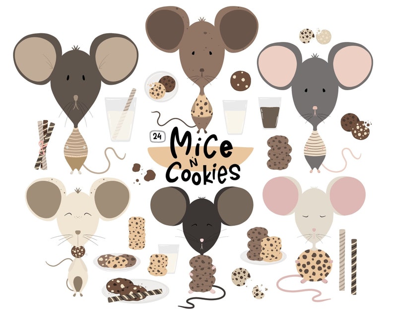 Cute Mice Clipart, Cookies and Milk Illustration (digital Download) - Etsy