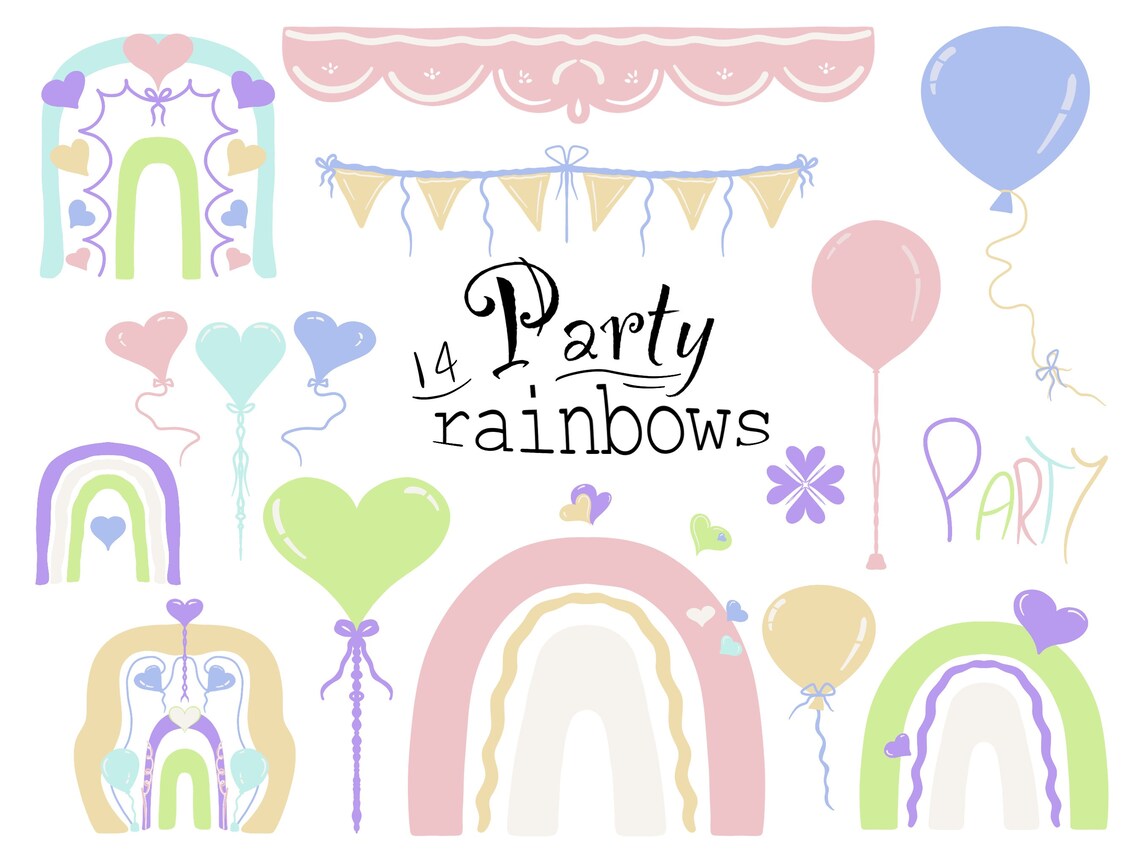 Rainbow Clipart, Pastel, Party, Balloon, Celebration, Digital Clipart ...
