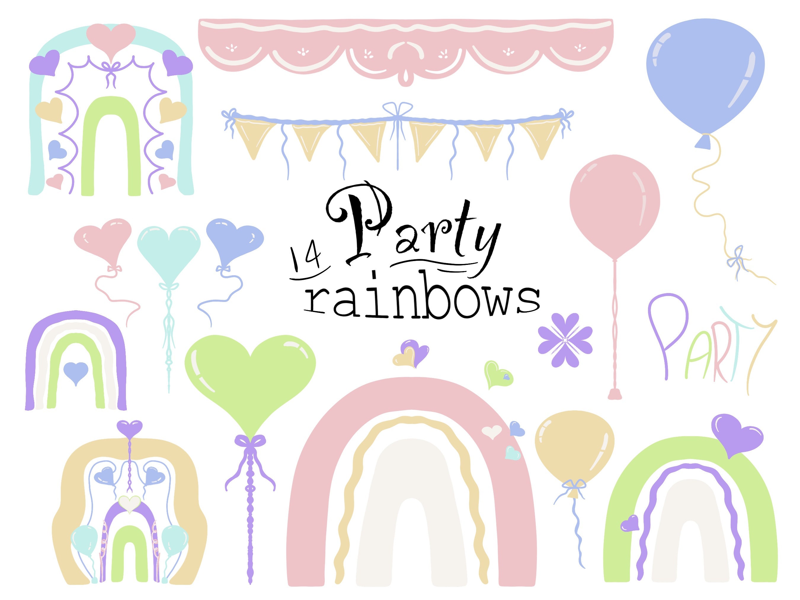 Rainbow Clipart, Pastel, Party, Balloon, Celebration, Digital Clipart ...