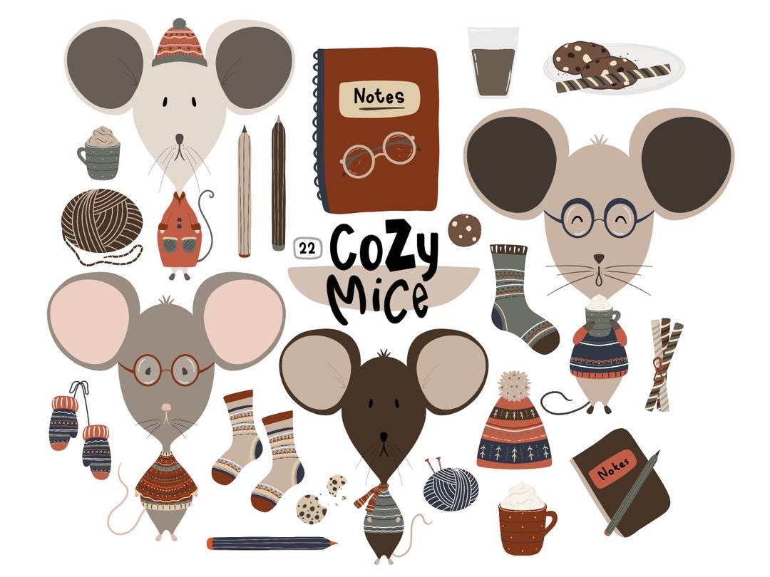 Mouse Clipart, Cozy Autumn Winter Clipart, Cute Mice, Animal Clipart ...