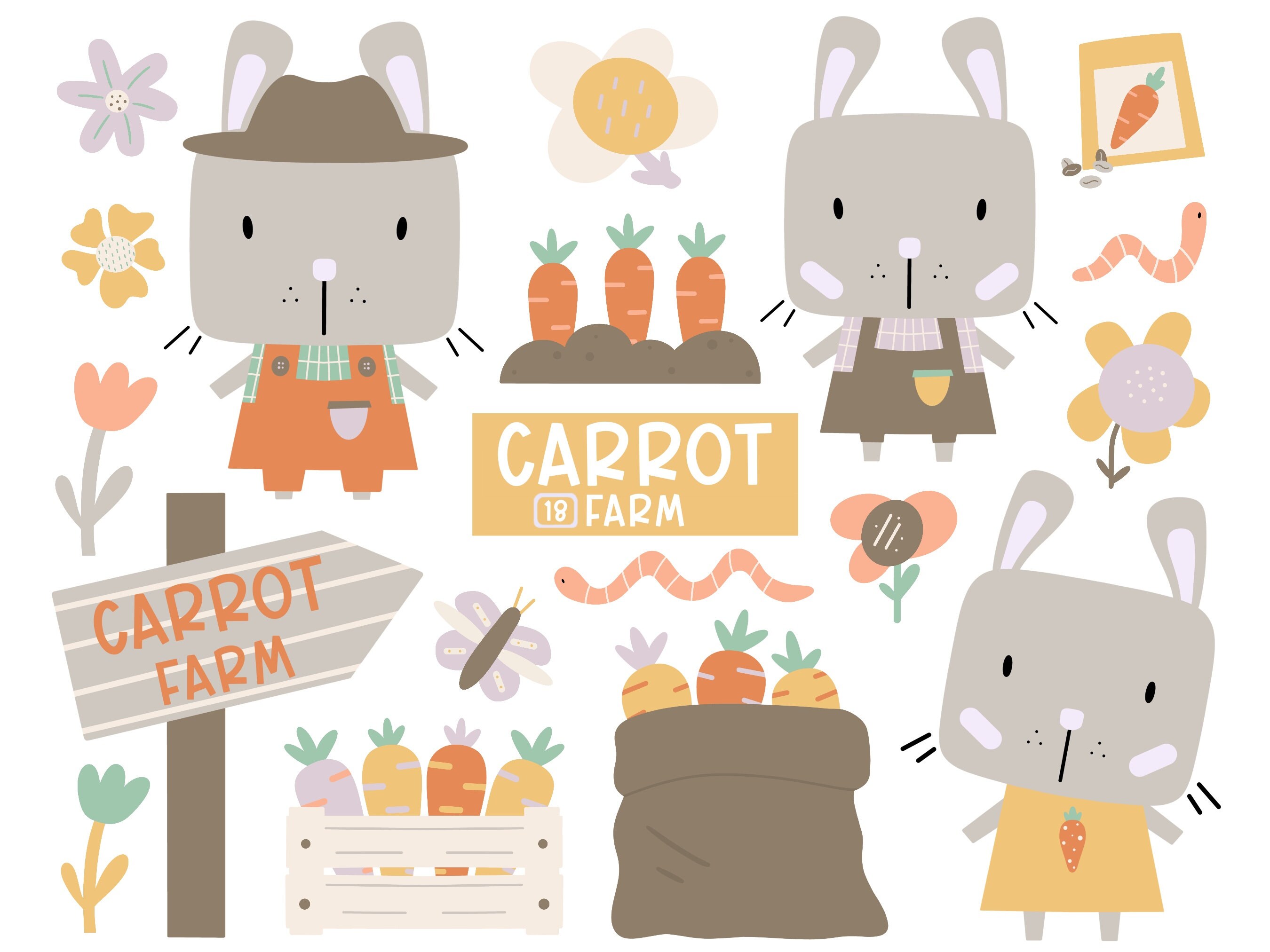 Bunny Clipart, Spring Flowers, Bugs, Garden, Farm, Digital Clipart Set ...