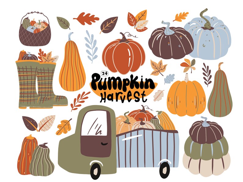 Pumpkin Harvest Clipart, Autumn Thanksgiving Clipart, Fall, Digital ...