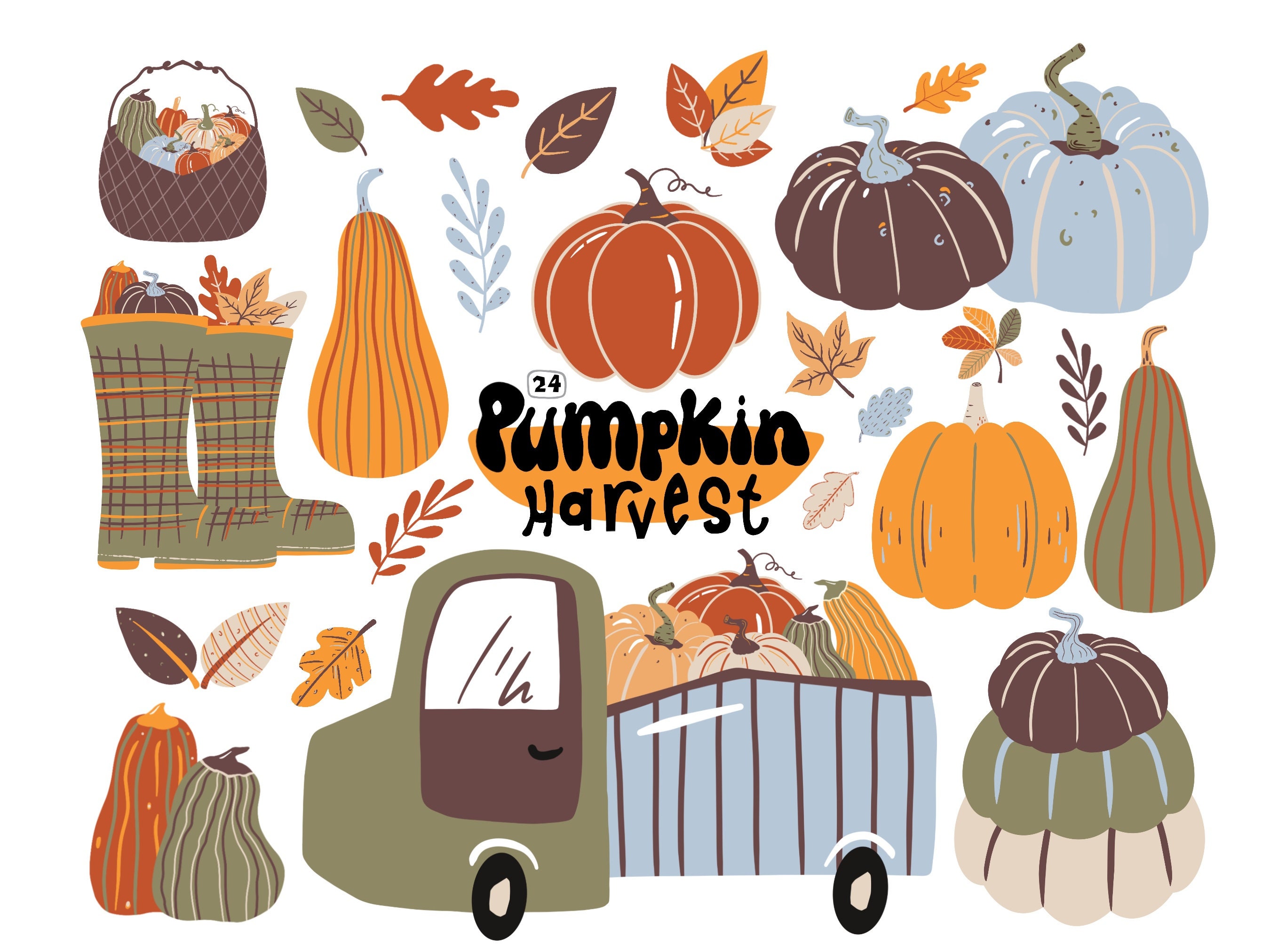 Pumpkin Harvest Clipart, Autumn Thanksgiving Clipart, Fall, Digital ...