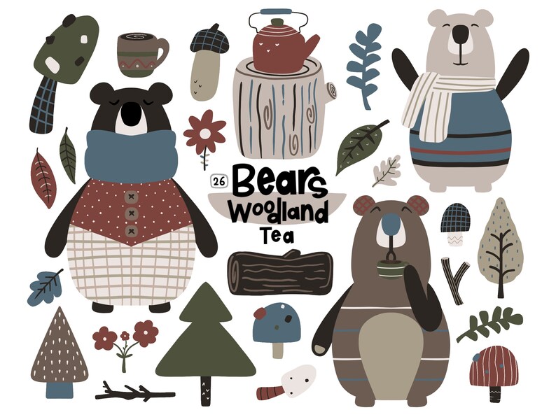 Woodland Bear Clipart Cute Woodland Animals Nursery Tea - Etsy