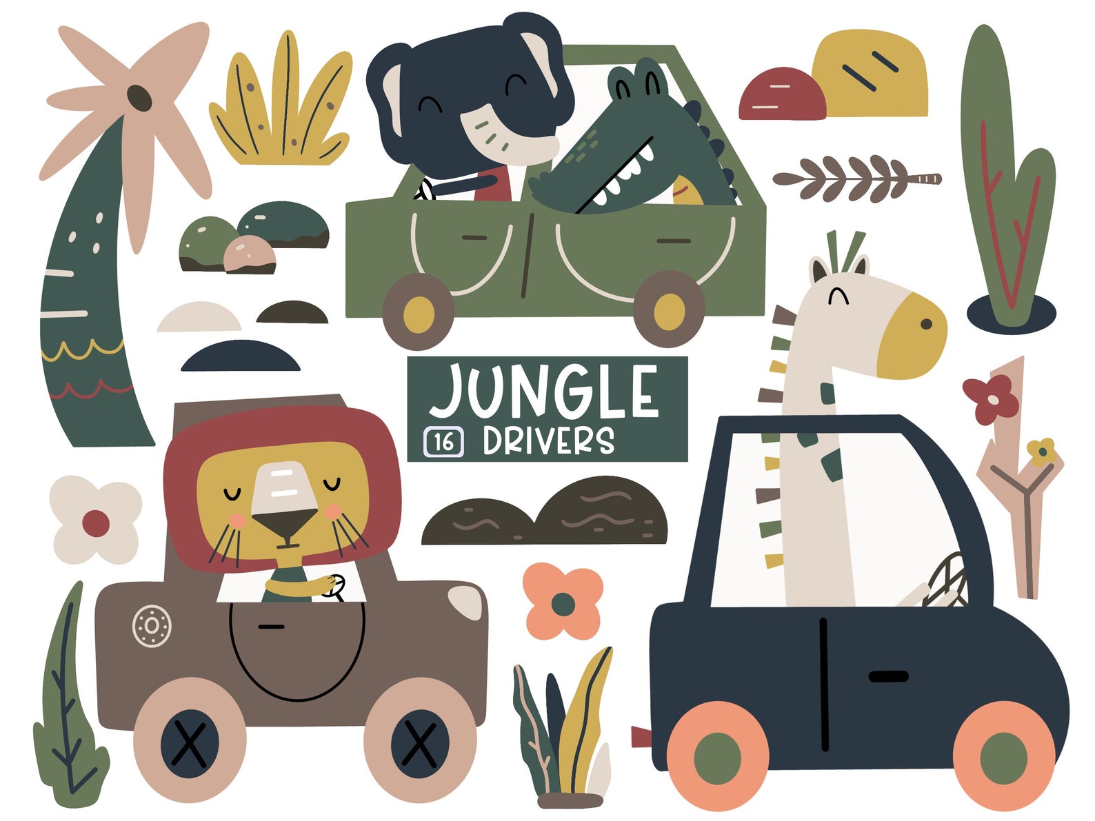 Jungle Animal Drivers Clipart: Safari Friends Set (digital Download) - Etsy