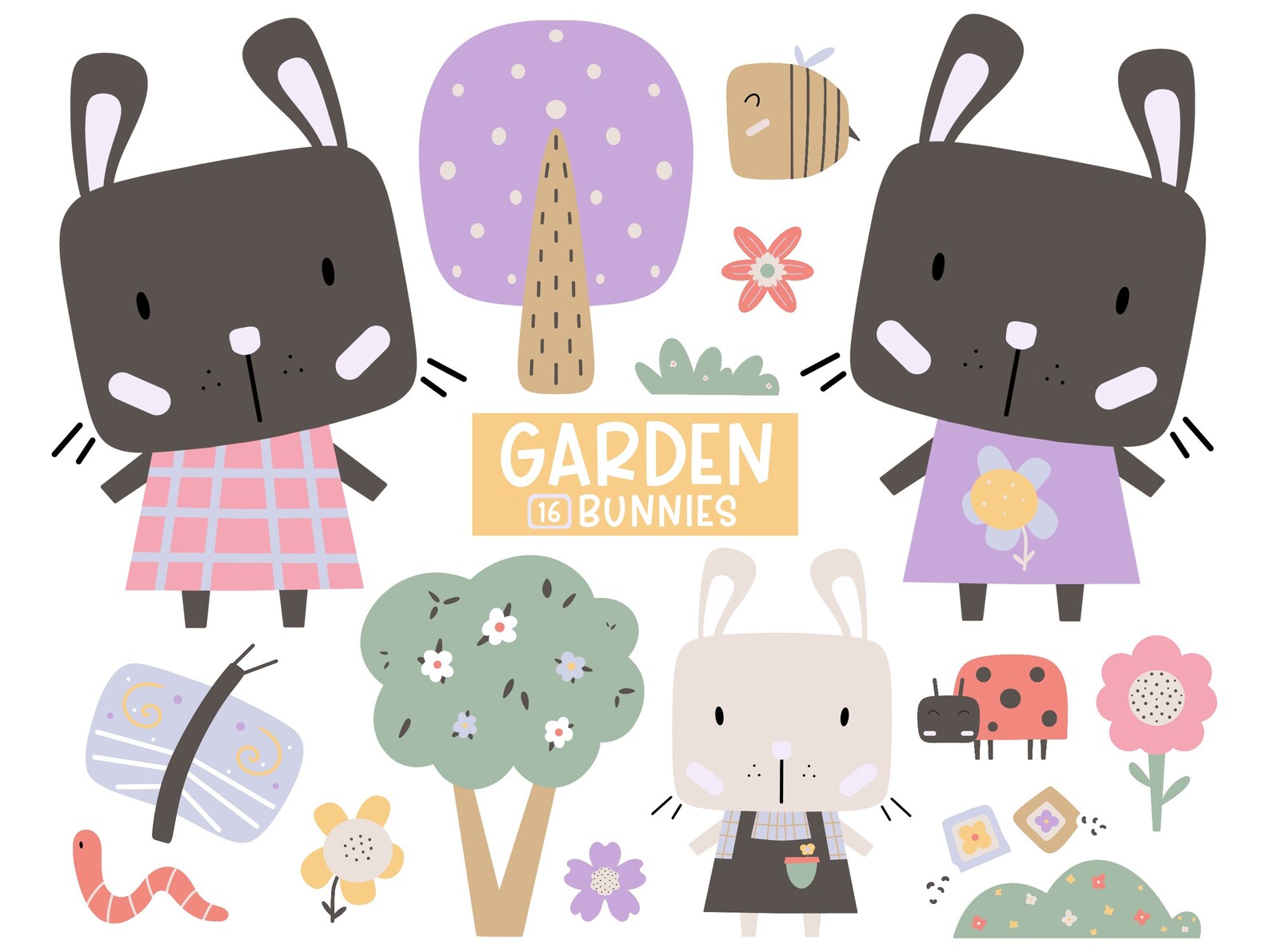 Garden Bunny Clipart, Spring Flowers, Bugs, Digital Clipart Set ...
