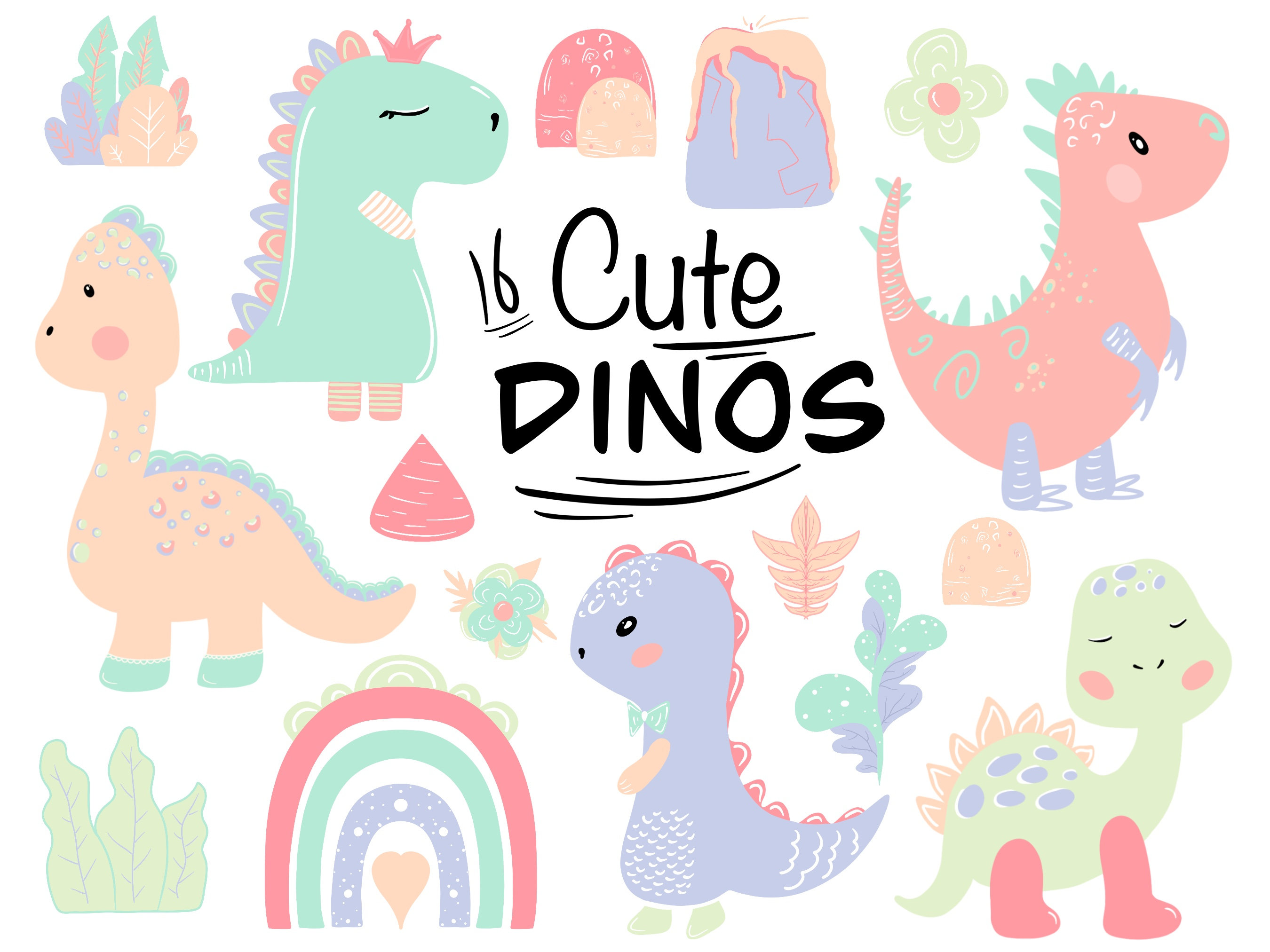 Cute Dinosaur Clipart, Rainbow Clipart, Girly Clipart, Baby Girl ...