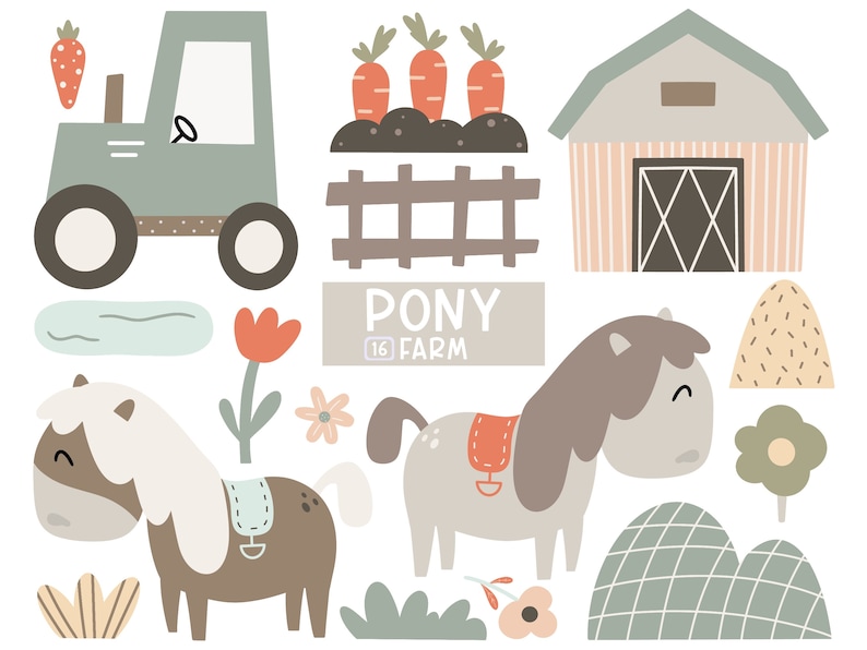 Pony, Farm, Horse, Barn, Tractor, Digital Clipart Set, Digital Clipart ...