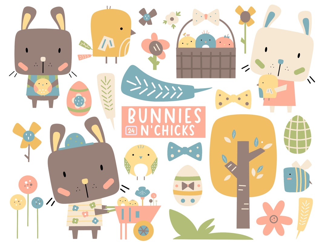 Spring Bunny, Spring Chicks, Egg Hunt, Spring Flower Clipart, Digital ...