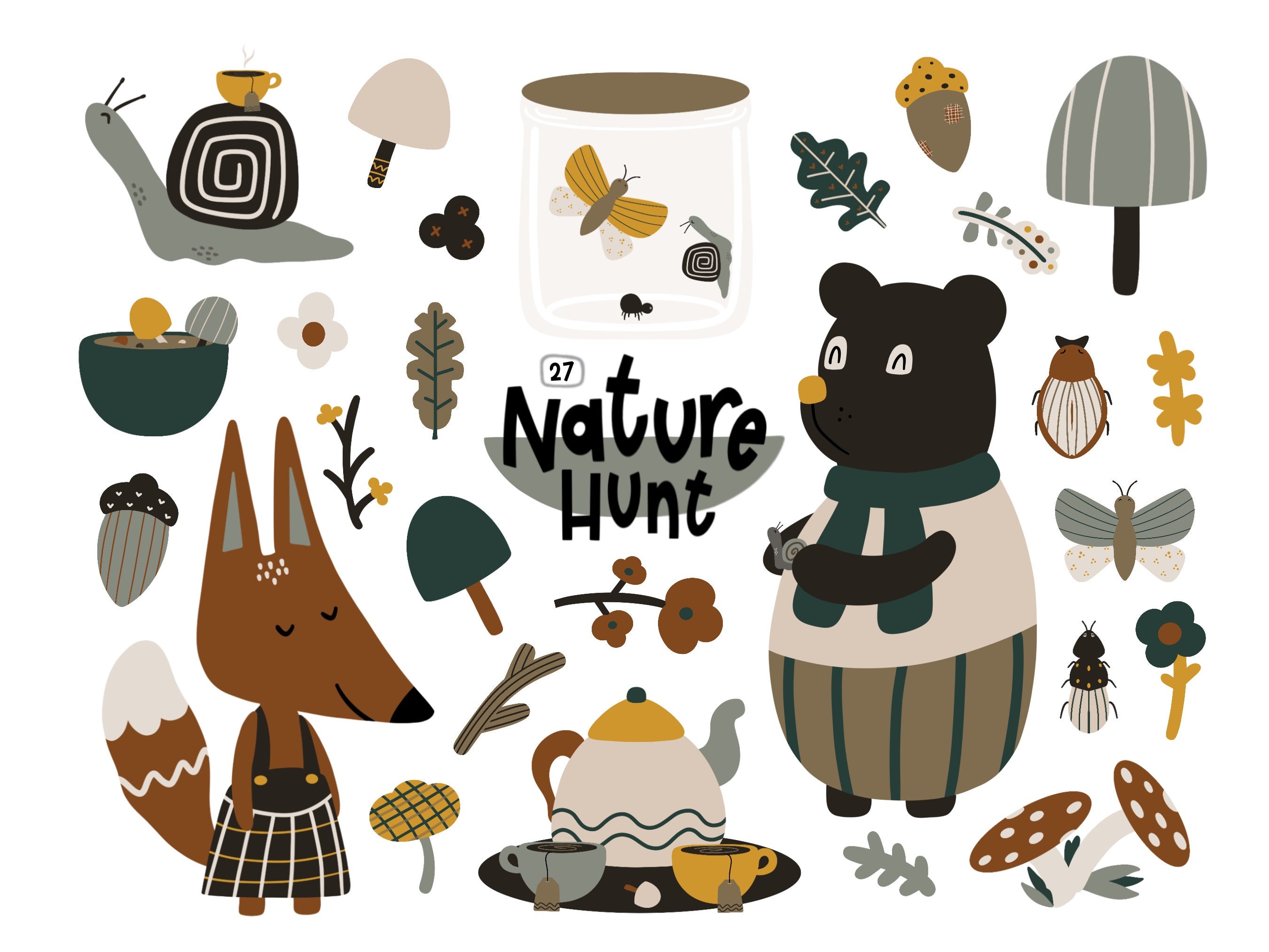 Woodland Animal Clipart, Cute Forest Animals, Fox, Bear, Bugs, Digital ...