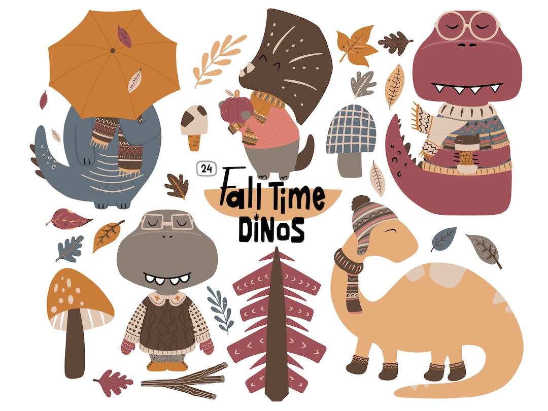 Dinosaur Clipart, Autumn Clipart, Fall Clipart, Mushrooms, Digital ...