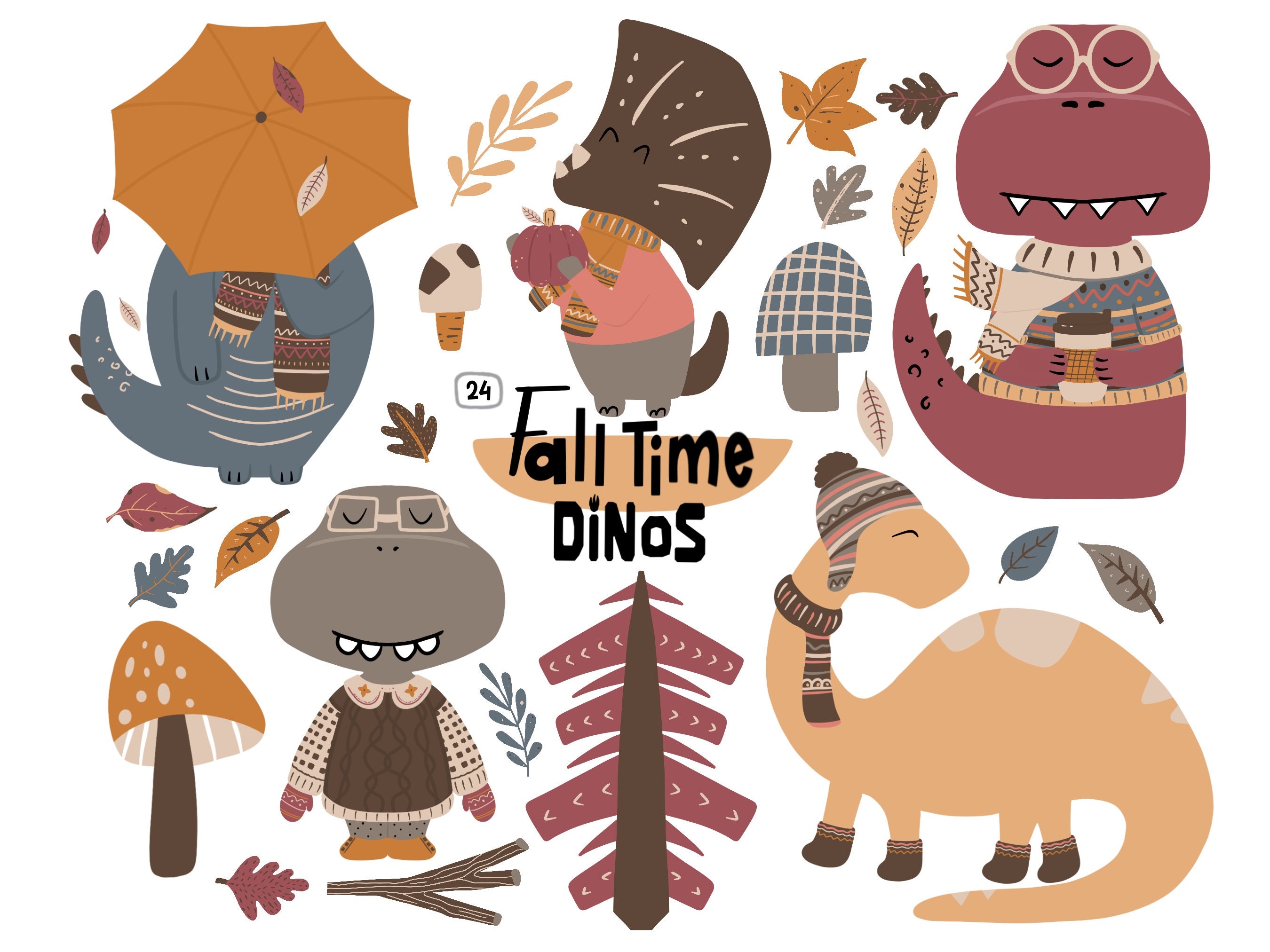 Dinosaur Clipart, Autumn Clipart, Fall Clipart, Mushrooms, Digital ...