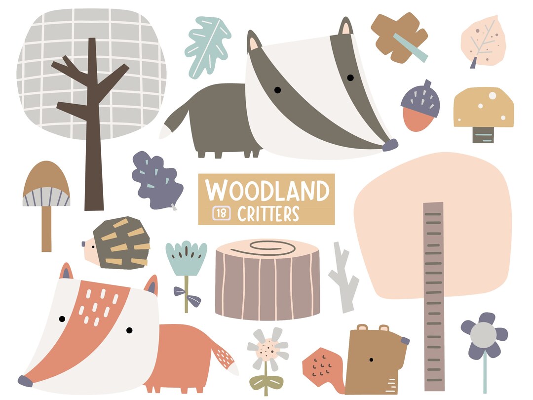 Woodland Animal Clipart, Cute Fox, Critters, Mushroom, Flowers, Digital ...