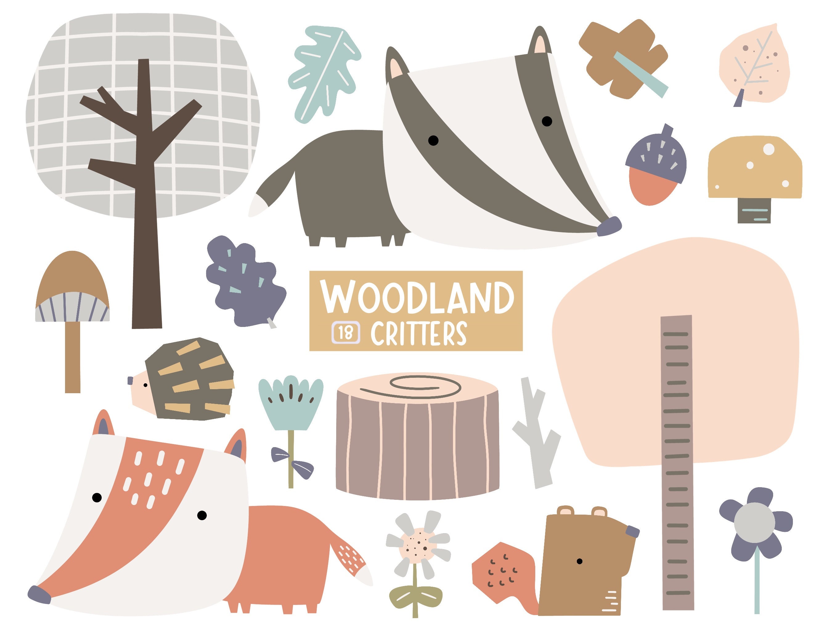 Woodland Animal Clipart, Cute Fox, Critters, Mushroom, Flowers, Digital ...