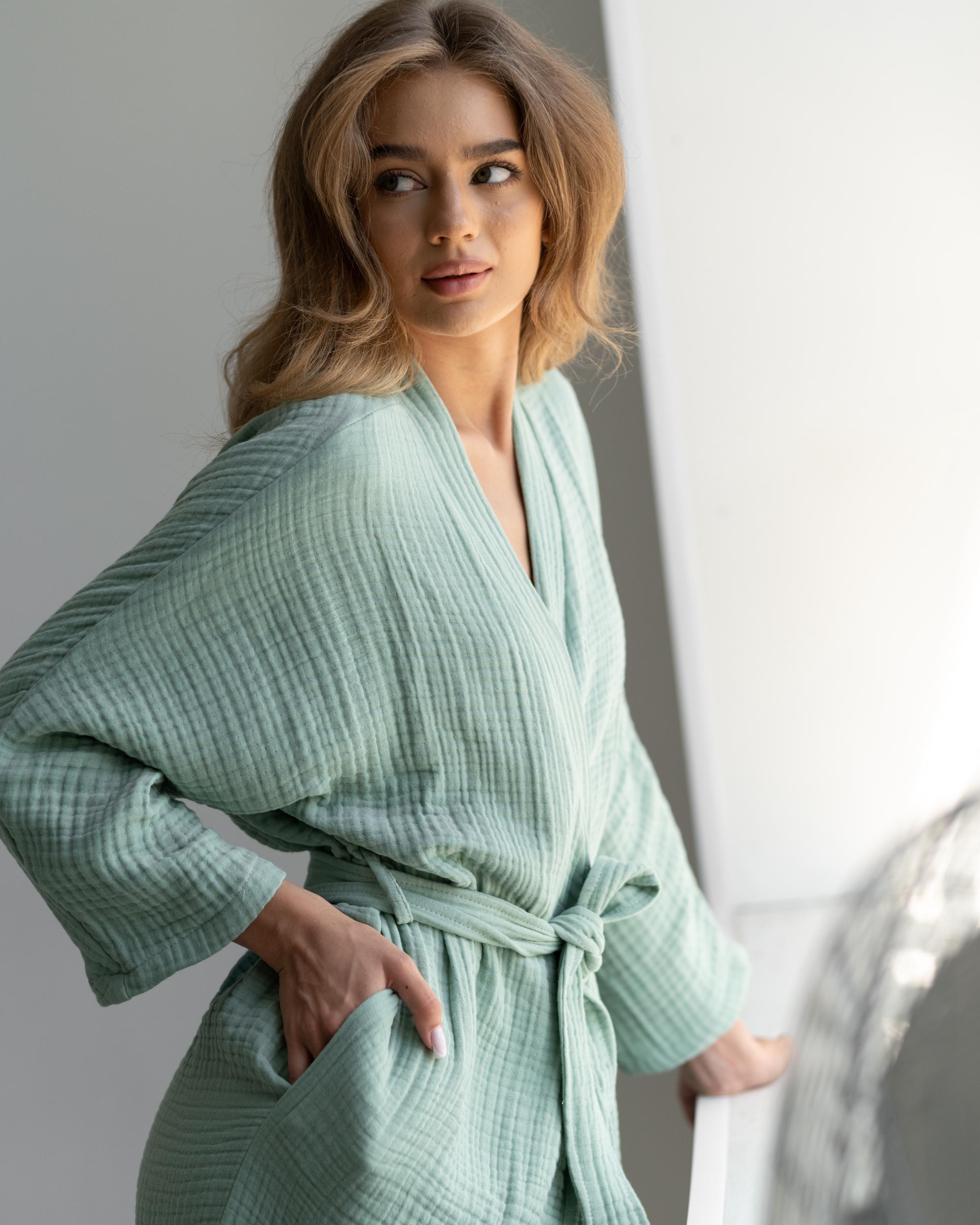 Cotton Muslin Kimono Robe, Homewear Gown, Luxury Bath Wear, Sage Green ...