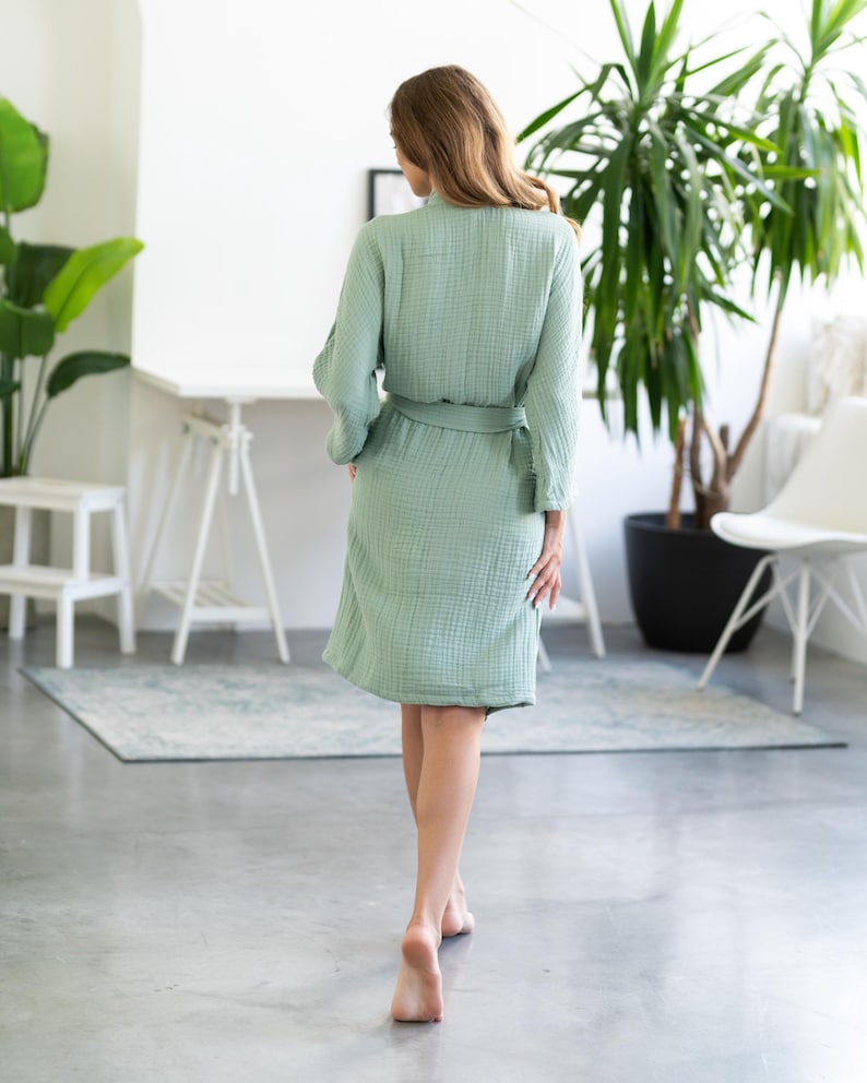 Cotton Muslin Kimono Robe, Homewear Gown, Luxury Bath Wear, Sage Green ...