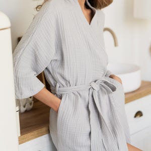 Gray Linen Waffle Robe, Bathroom Clothing, Natural Cotton Dressing Gown ...
