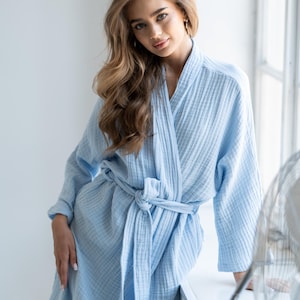 Light Blue Hotel Muslin Robe, Luxury Bath Robe, Cotton Waffle Robe ...