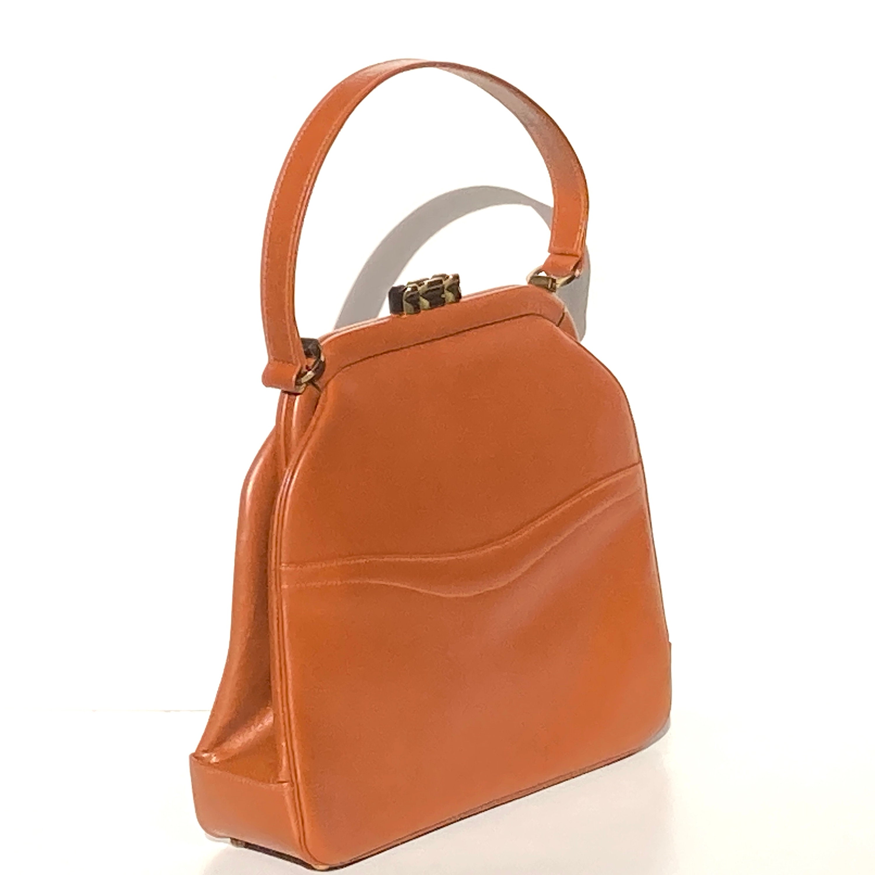 Elegant Vintage Harrods 50s Ginger/tan Leather Top Handle Bag + Coin ...