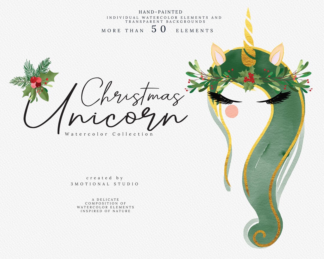 Christmas Unicorns Watercolor Collection High Res Png, Floral ...