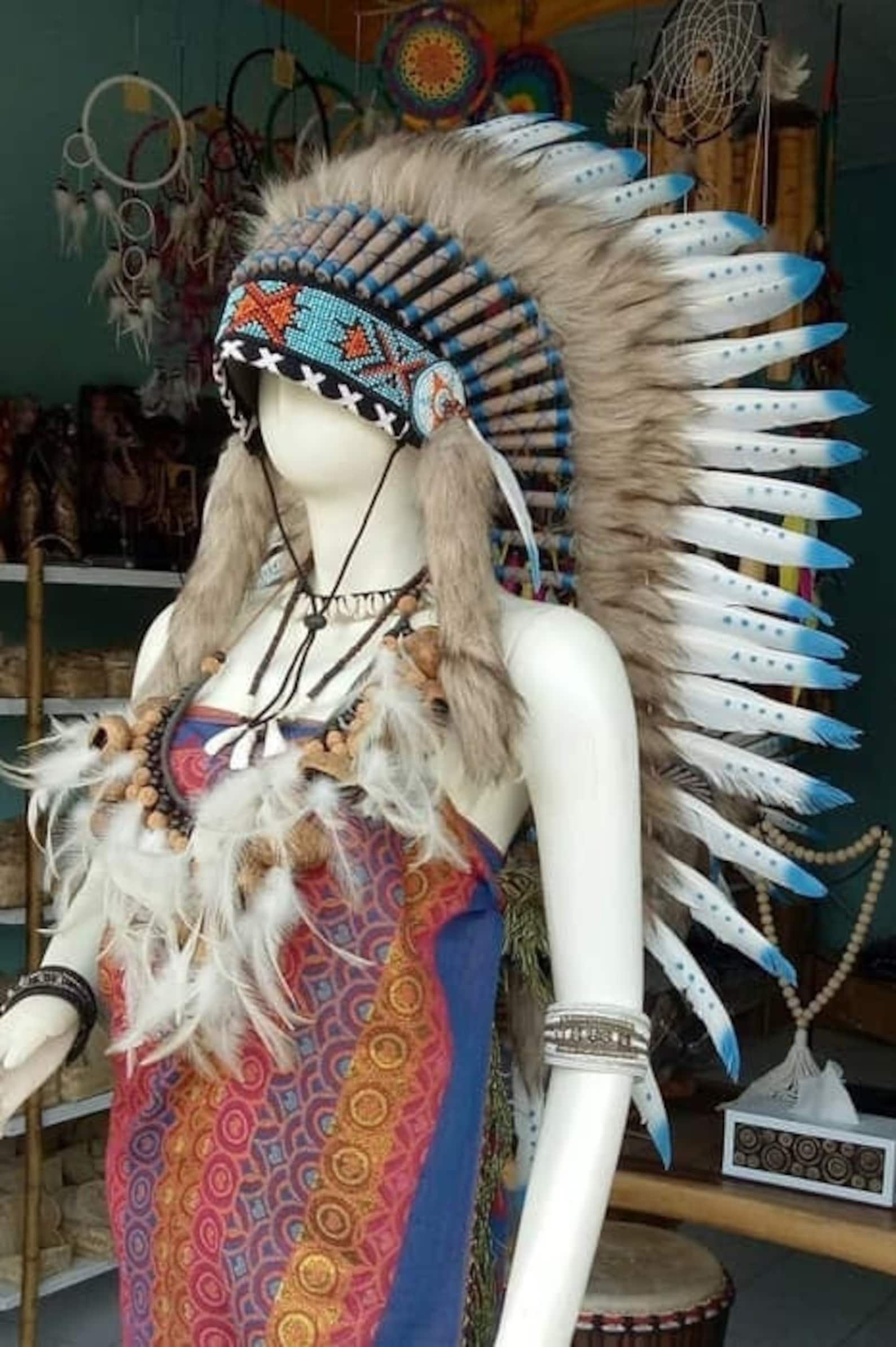 Indian Headdress White & Blue Replica Feather Warbonnet - Etsy