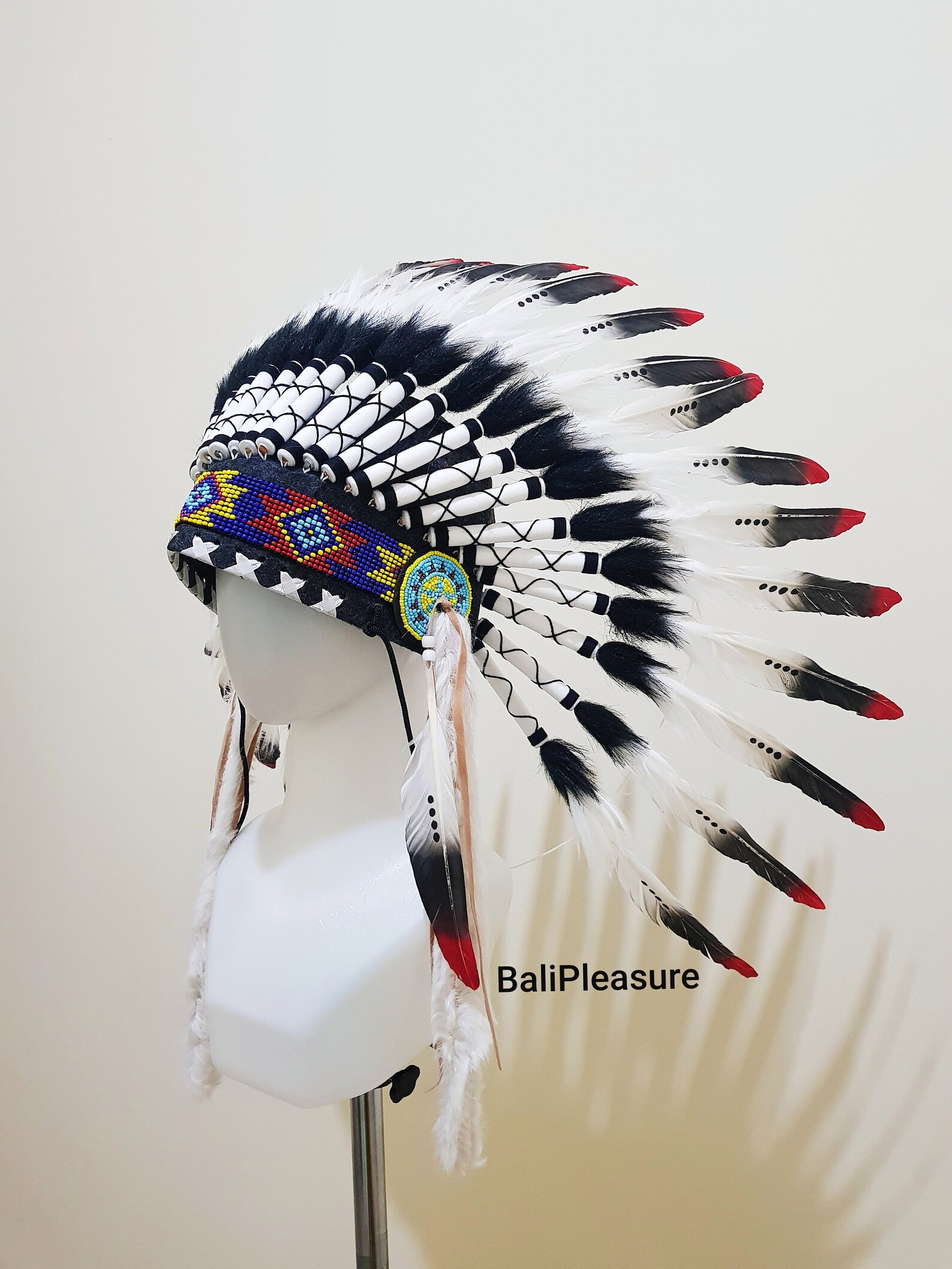Indian Headdress White Black & Red - Feather Warbonnet - Native ...