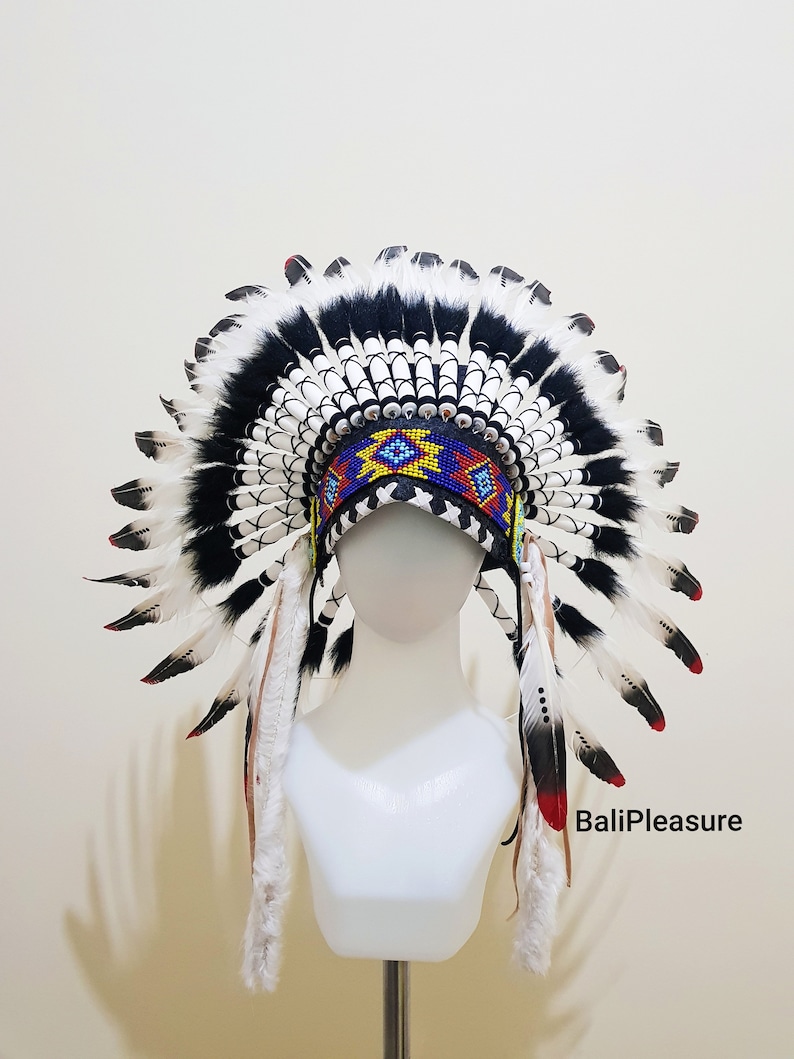 Indian Headdress White Black & Red - Feather Warbonnet - Native ...