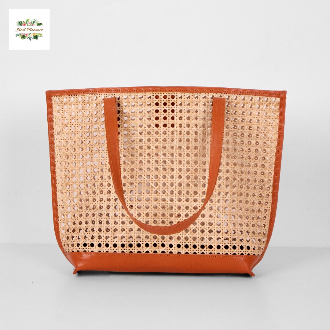 Amara Leather Bag, Boho Rattan Basket, Woven Top Handle Bag, Summer ...